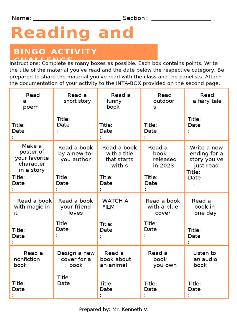 Blue and White Reading Bingo Challenge Worksheet | PDF
