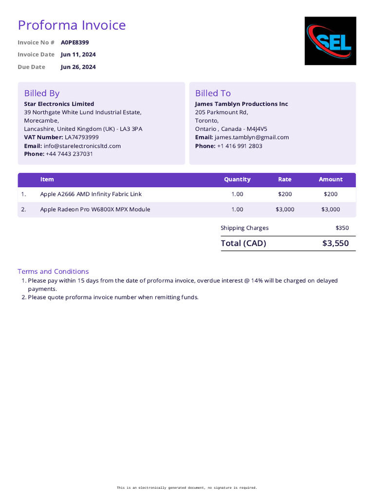 Proforma A0pe8399 Star Electronics Limited James Tamblyn Productions ...