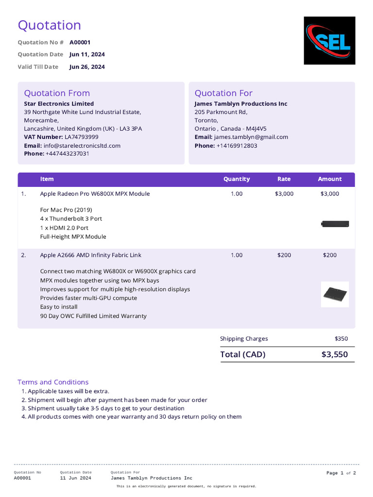 Quotation A00001 Star Electronics Limited James Tamblyn Productions Inc | PDF | Computer ...