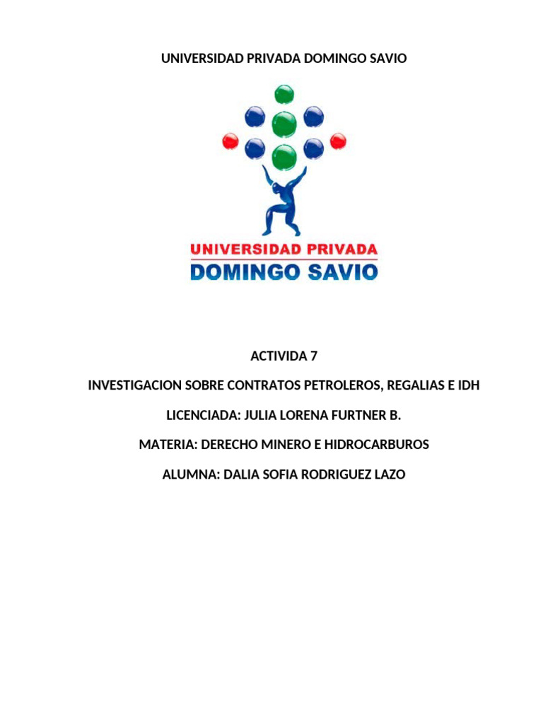UNIVERSIDAD PRIVADA DOMINGO SAVIO Tarea Sofi | PDF | Minería | Pago de regalías