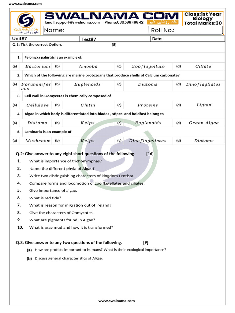 T7 Chapter Wise Test Biology Chapter 7 1st Year | PDF