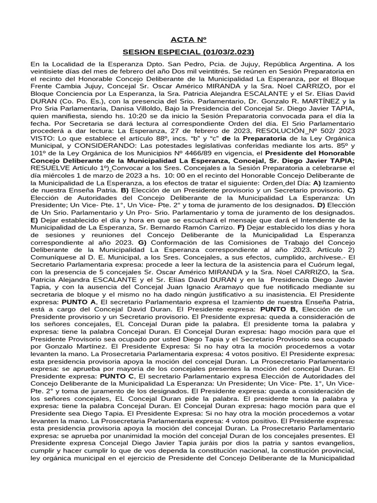 Acta Nº | PDF | Concejal | Gobierno local