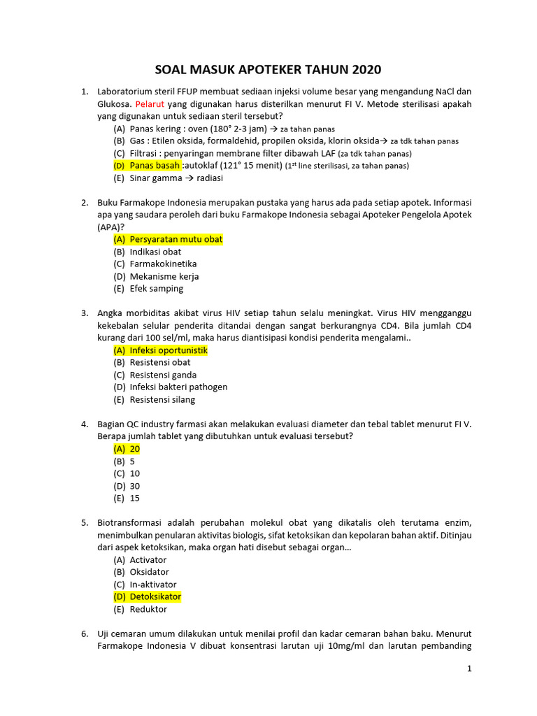 Soal Ujian Apoteker 2020 dan Jawaban | PDF