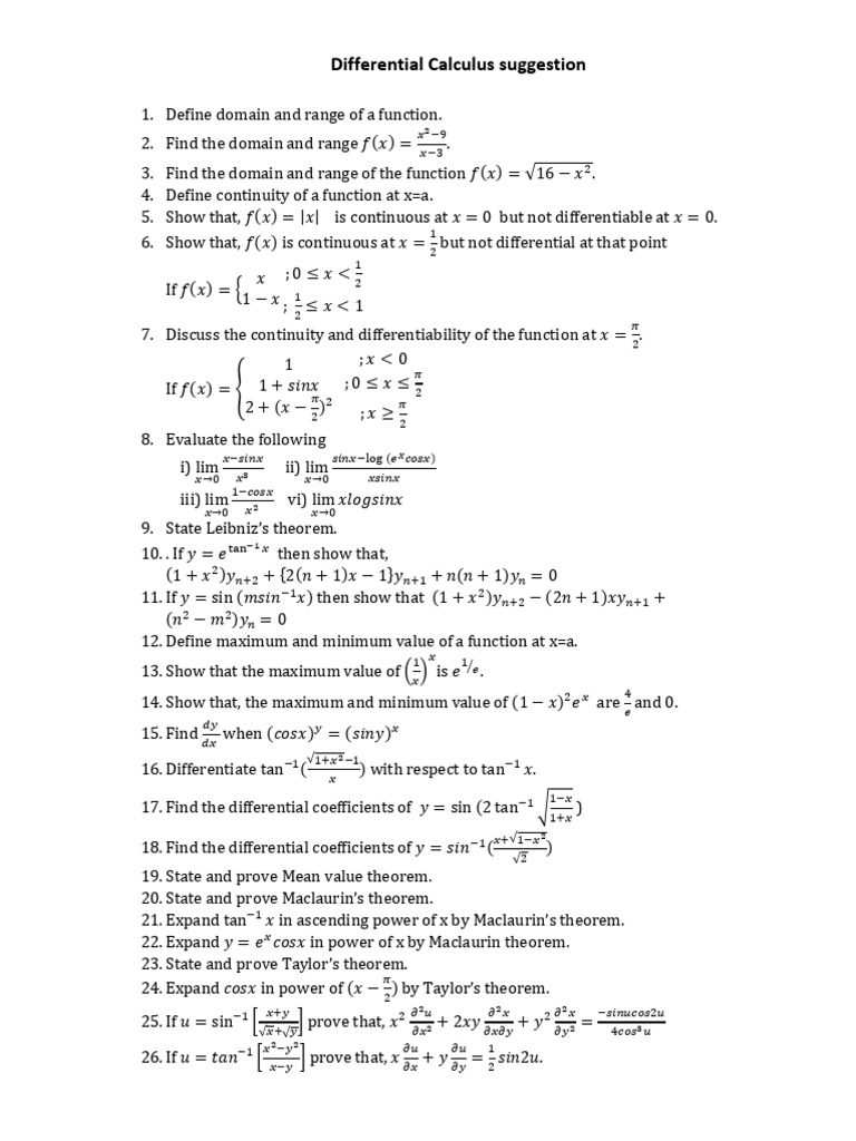 Differential Calculus Suggestion Cse | PDF | Function (Mathematics) | Mathematical Concepts