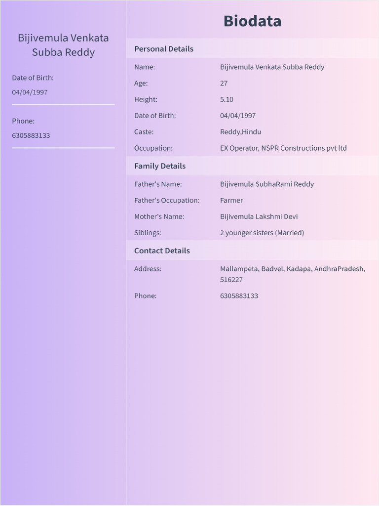 Bijivemula Venkata Subba Reddy's Biodata | PDF