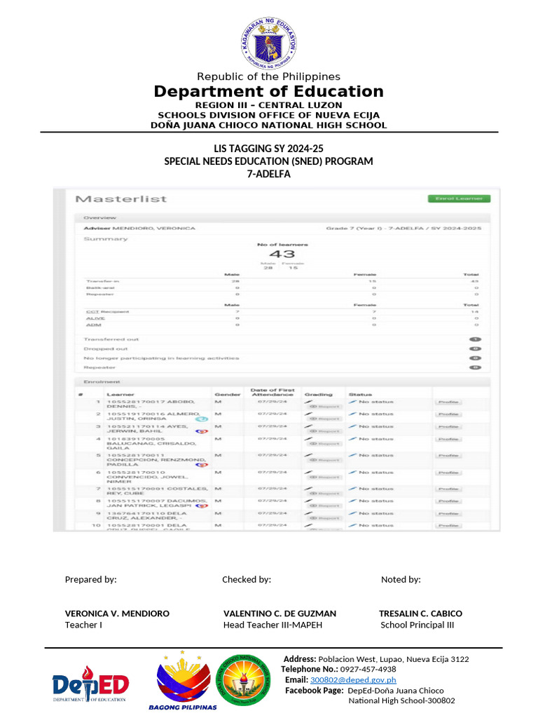 SNED Learners LIS Tagging 2024-25 | PDF