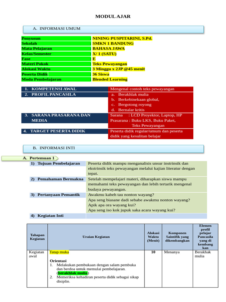 MODUL AJAR GANJIL 2023-2024 Teks Pewayangan | PDF