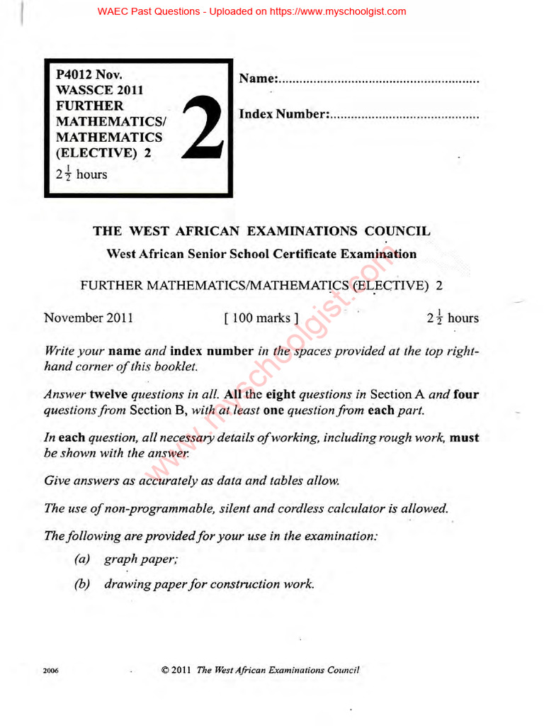 Waec - Further Maths November 2011 Paper 2 | PDF