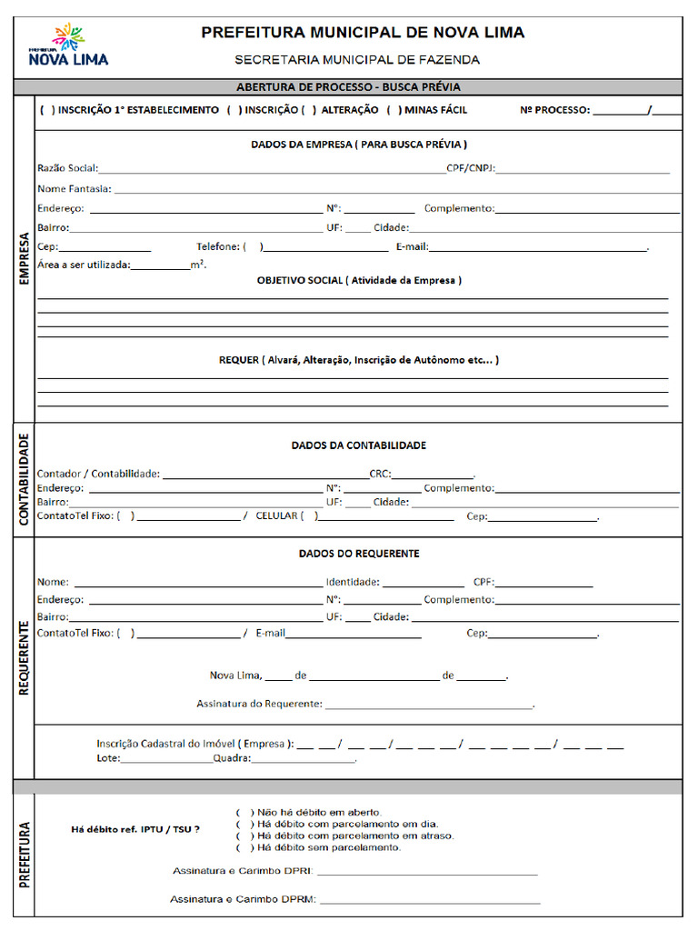 Formulário para Abertura de Empresas Nova Lima | PDF