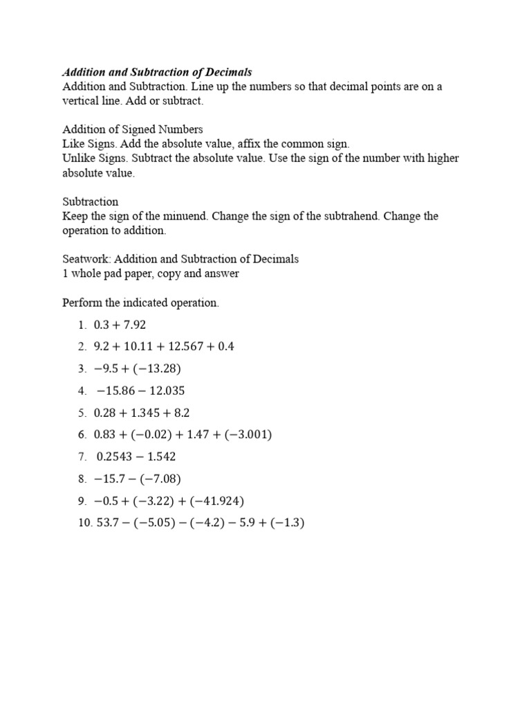 Seatwork Addition and Subtraction of Decimals | PDF