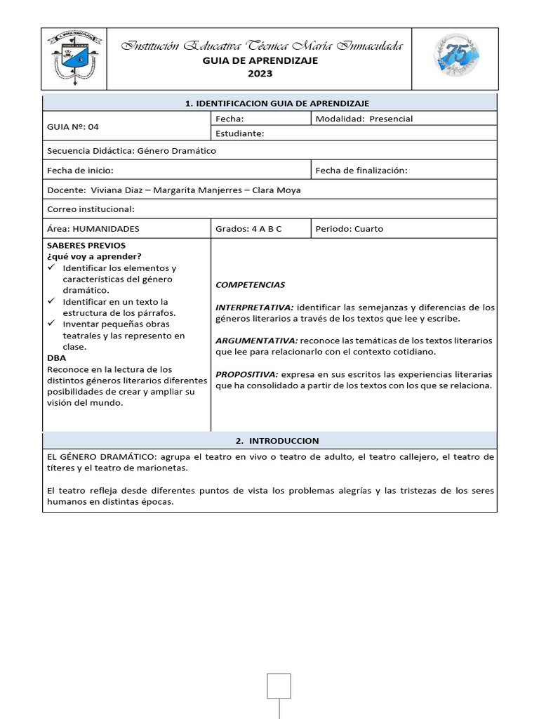 Guía de Aprendizaje: Género Dramático | PDF | Teatro | Aprendizaje