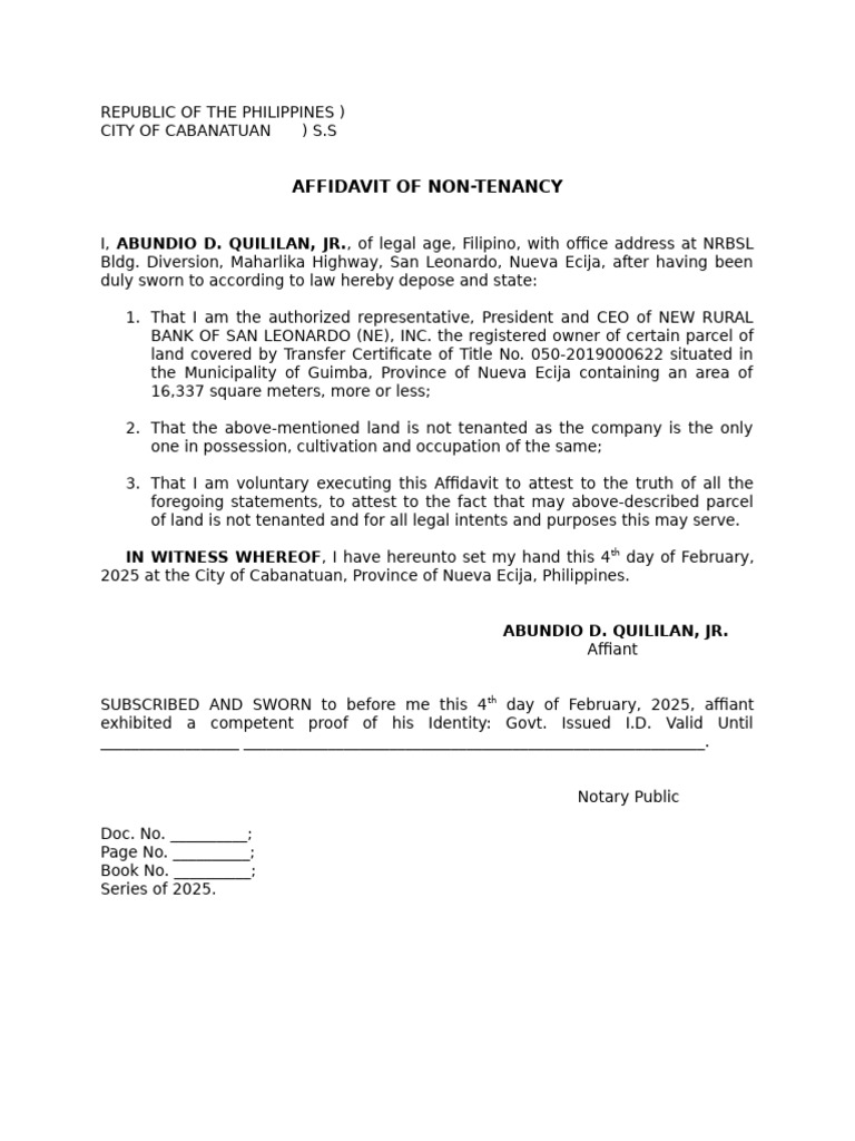 Affidavit of Non-Tenancy - Eduardo L. Santillana | PDF