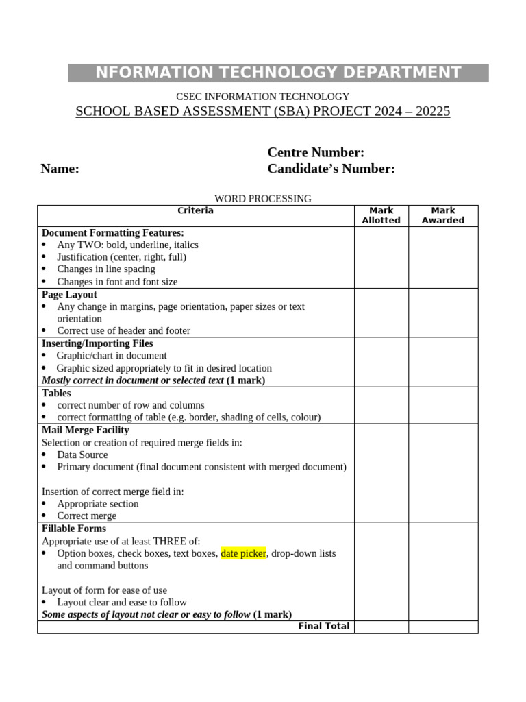 Information Technology Sba Mark Scheme 2021 To 2022 | PDF | Spreadsheet ...