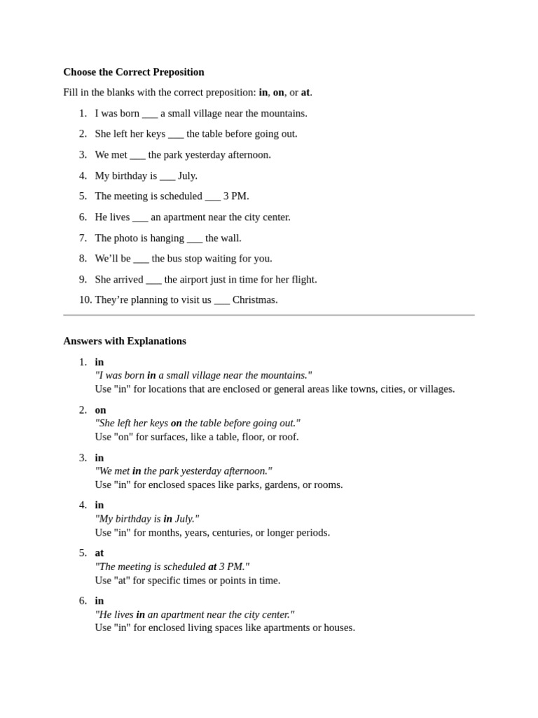 Choose the Correct Preposition | PDF