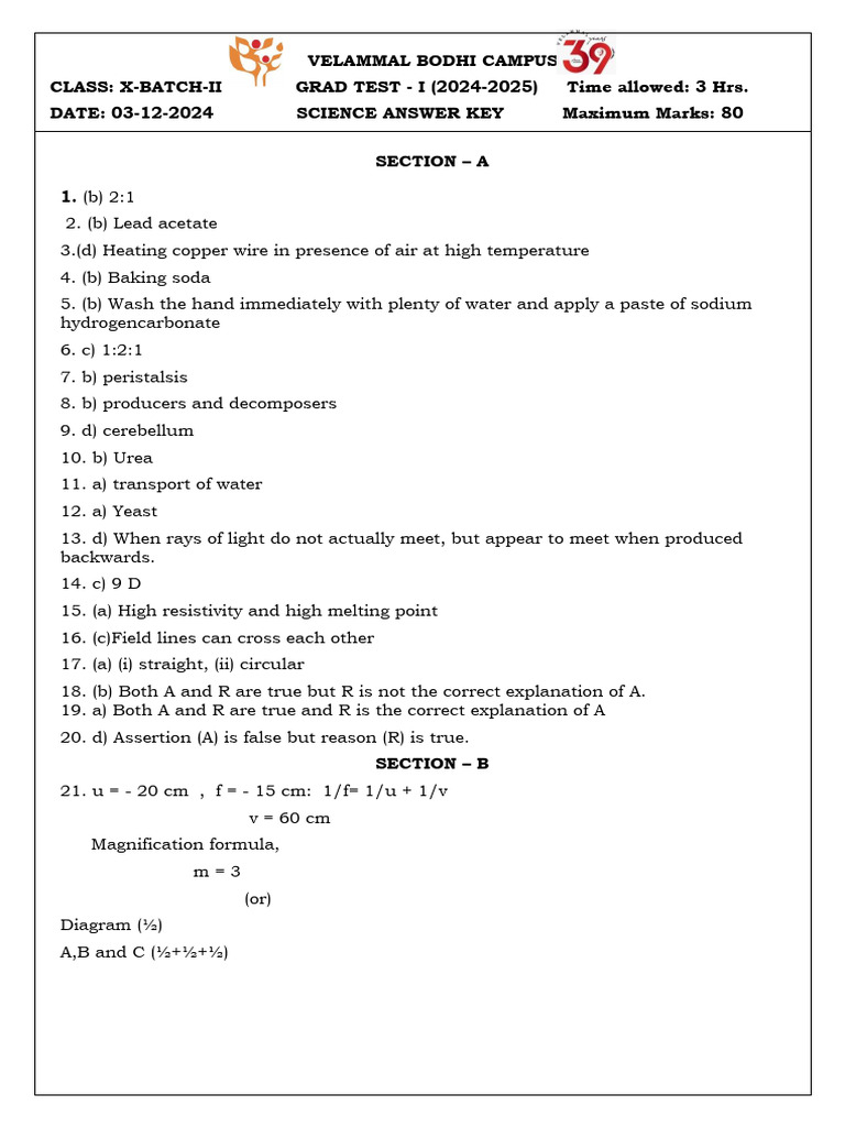 Science Answer Key for Grade 10 Test | PDF | Acid | Refraction