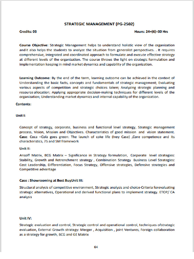 Strategic Management Syllabus | PDF