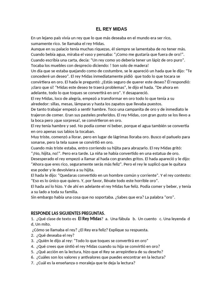 Actividades sobre El Rey Midas | PDF