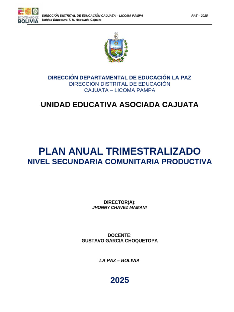 PAT 2025: Proyecto Educativo Cajuata | PDF