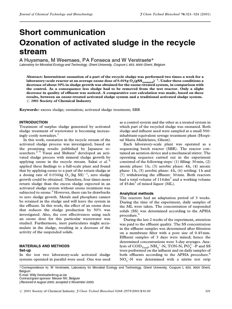 2001 - (Huysmans) - Ozonation Activated Sludge Recycle Stream | PDF ...