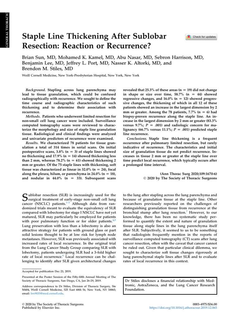 (Sun Et Al 2020) Staple Line Thickening After Sublobar Resection ...