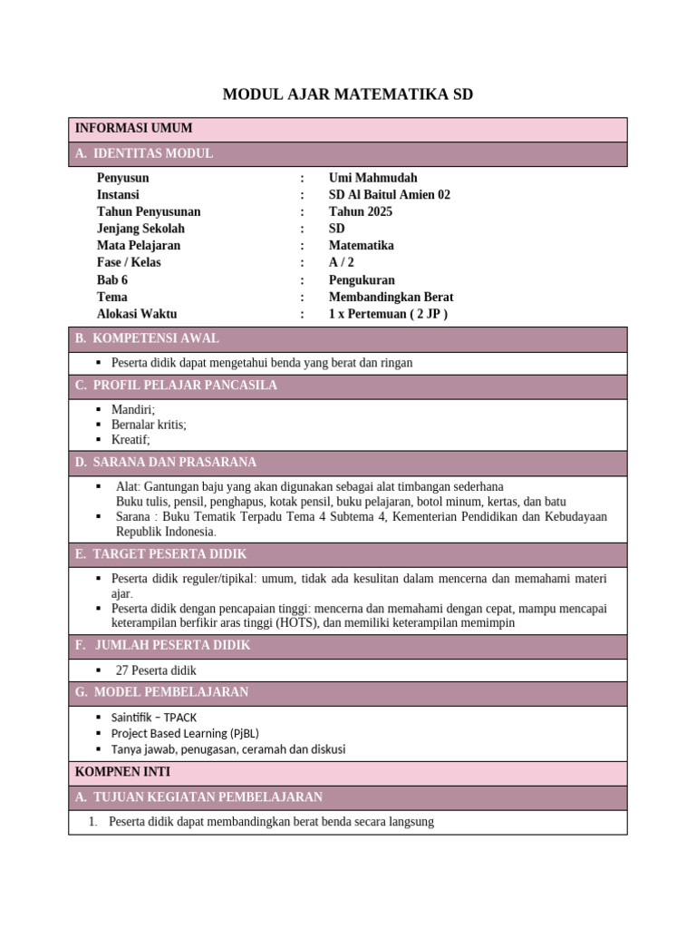 MODUL AJAR MTK SD | PDF
