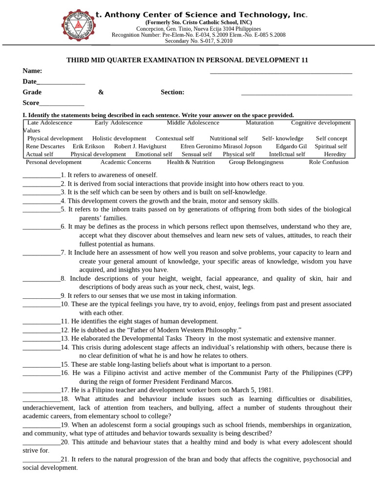 3rd Mid Quarter in PERDEV | PDF | Adolescence | Human Development