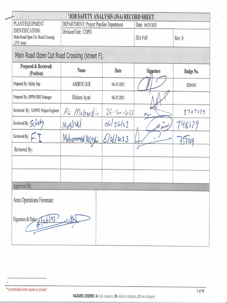 JSA #65 Main Road Open Cut Road Crossing (Street F) . | PDF | Waste ...