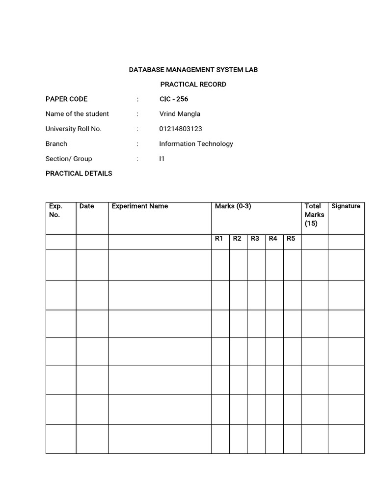 Database Management System Lab Record | PDF
