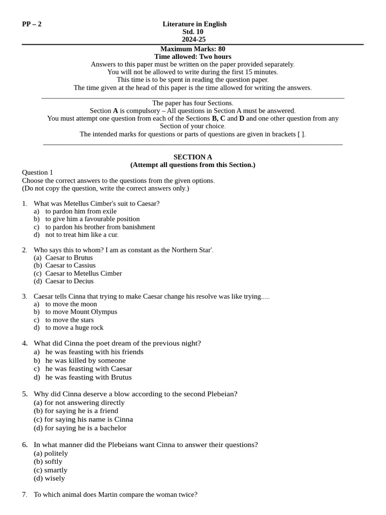 Literature - PP 2 - 2024 - 25 - Std. 10 | PDF | Julius Caesar | Mark Antony