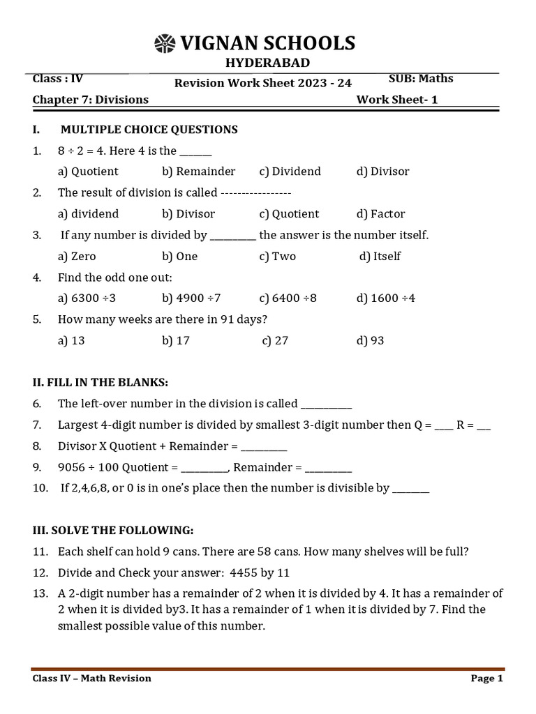 Class IV | PDF | Litre | Division (Mathematics)