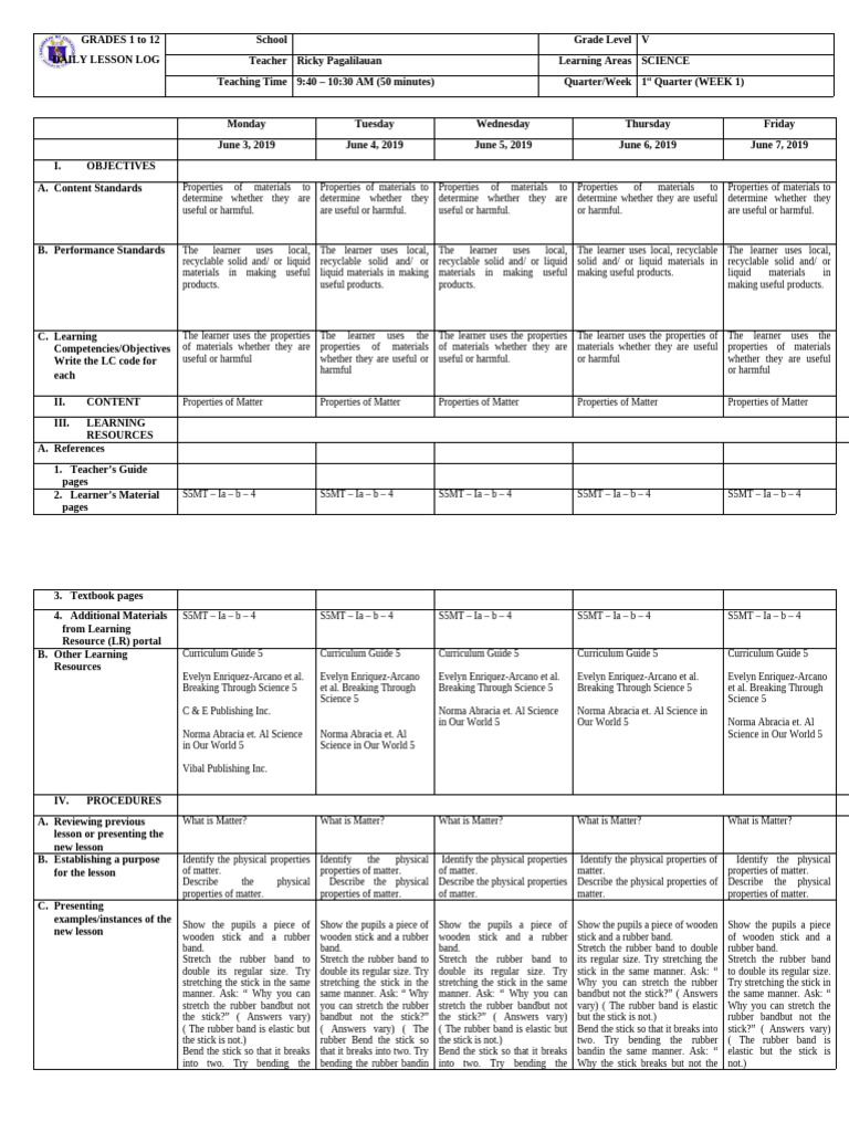 DLL-SCIENCE-Q1-Week1-1 | PDF | Ductility | Hardness