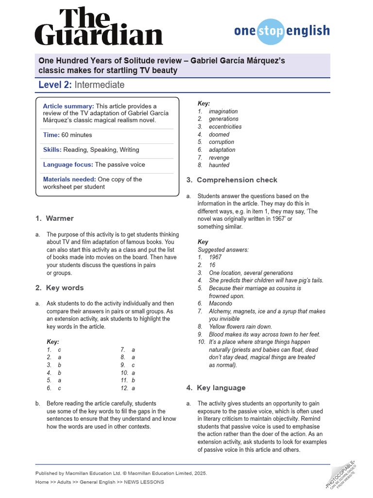 Newslessons 100yearsofsolitude Intermediateteachersnotes 64426 | PDF