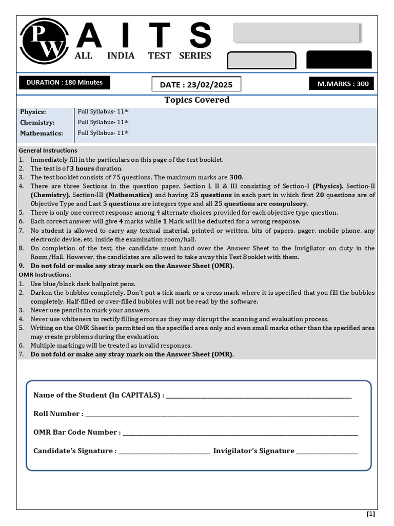 AITS Test-06 11th JEE 23-02-2025 Question | PDF | Force | Mass