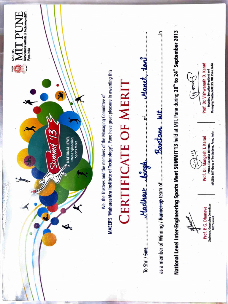 Sports Certificate MIT Pune | PDF