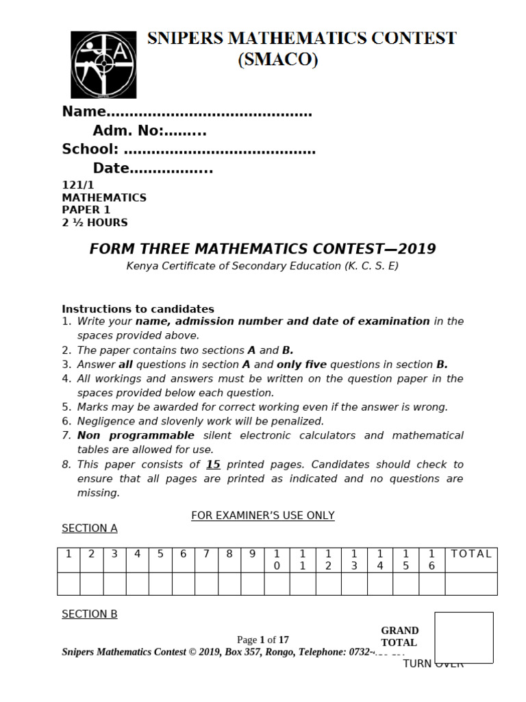 2019 Snipers F3 PP1 Term 1-1 | PDF | Applied Mathematics | Mathematics