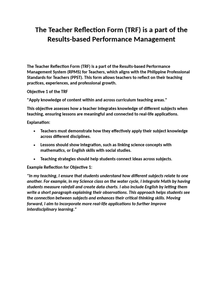 The Teacher Reflection Form 1 | PDF