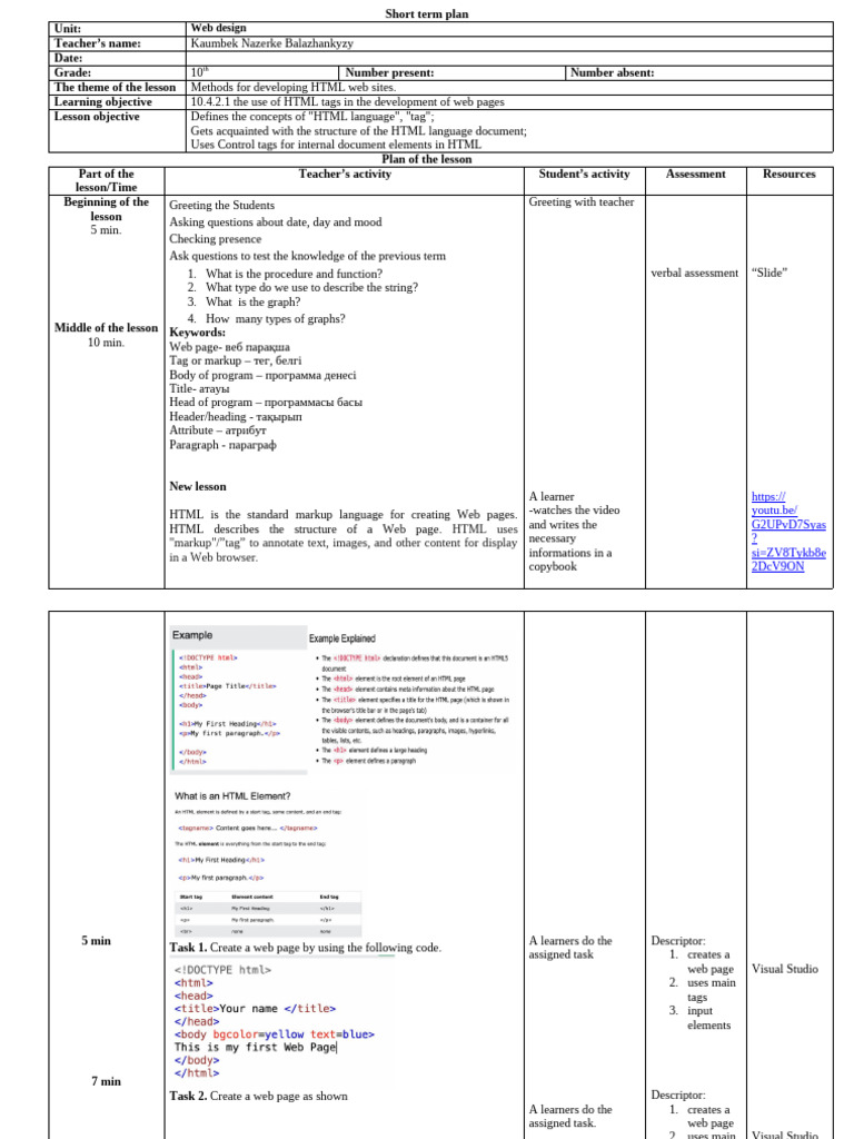 HTML Web Design Lesson Plan | PDF | Html | World Wide Web