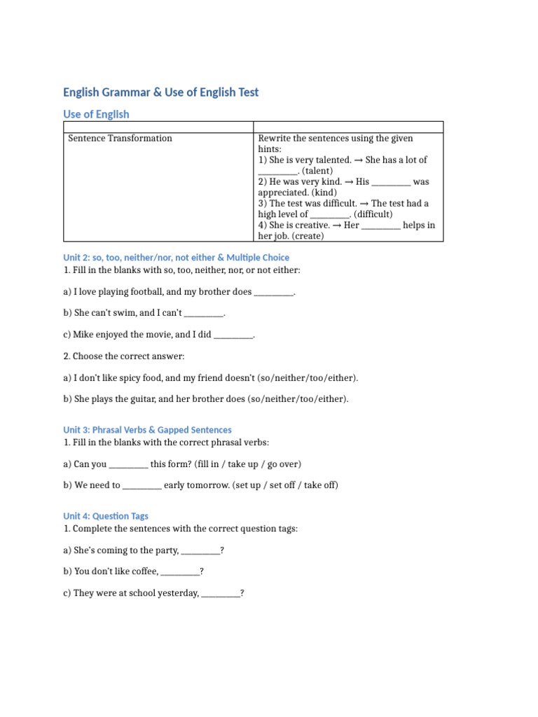 English Grammar Use of English Test | PDF | Grammar | Language Mechanics