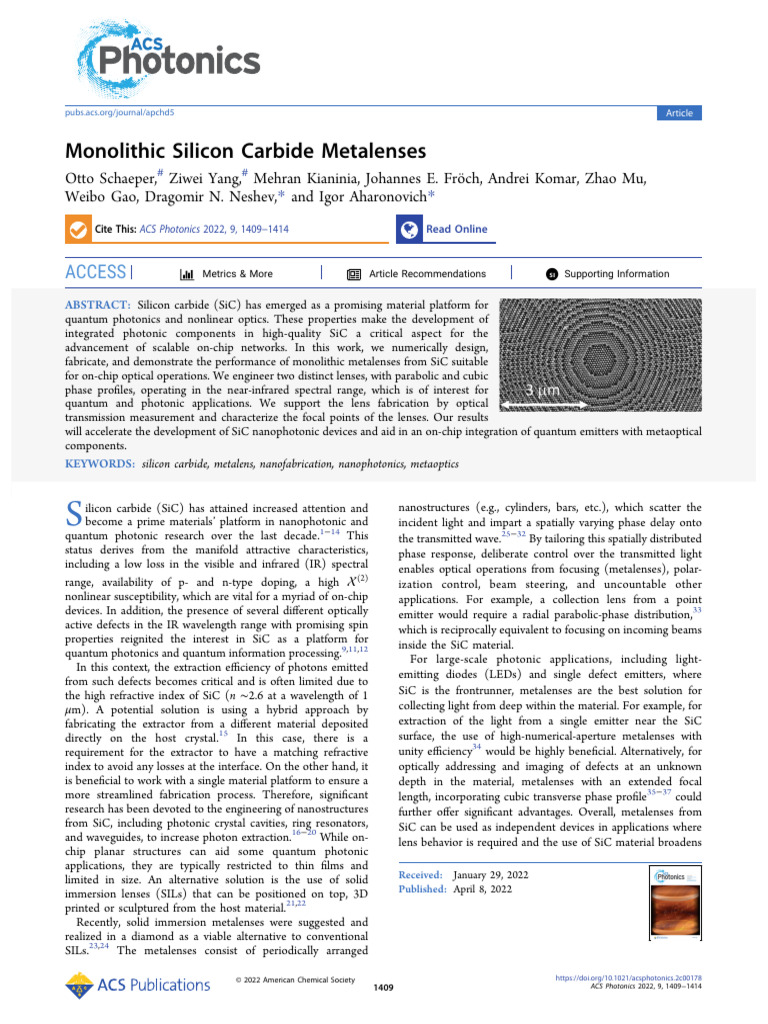 schaeper-et-al-2022-monolithic-silicon-carbide-metalenses | PDF | Optics | Light