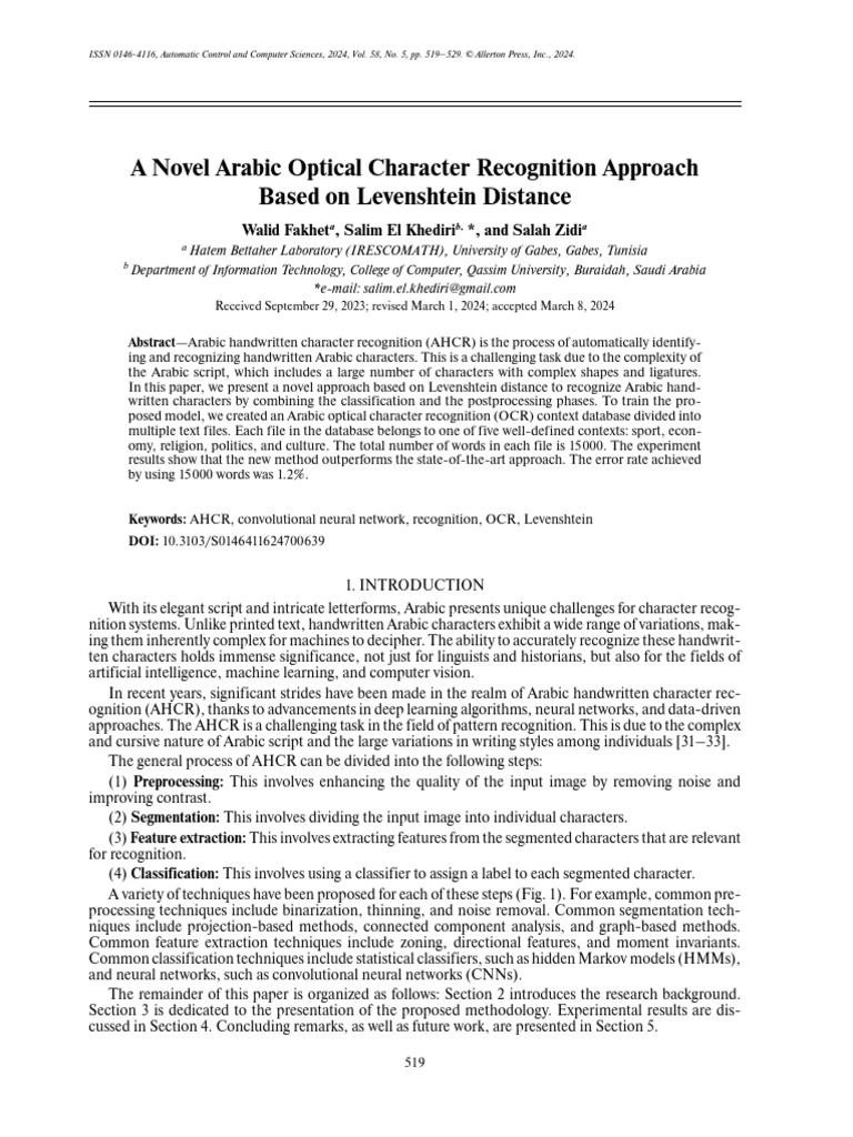 A Novel Arabic Optical Character Recognition Approach Based On