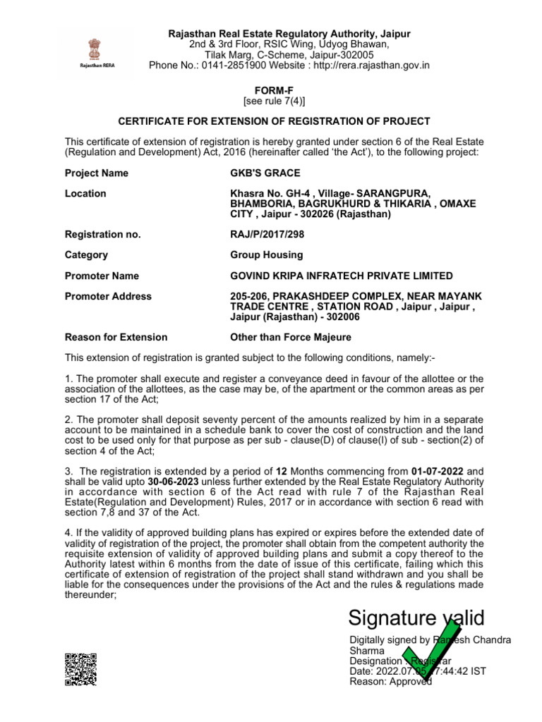 GKB Grace RERA Certificate III | PDF