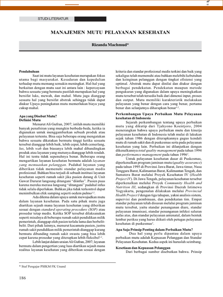 Manajemen Mutu Pelayanan Kesehatan: Rizanda Machmud | PDF