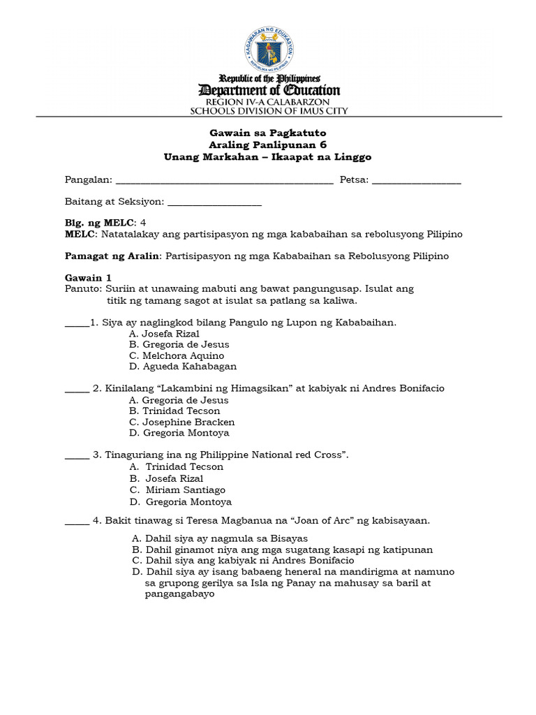 Gawain Sa Pagkatuto Araling Panlipunan 6 Unang Markahan - Ikaapat Na Linggo | PDF