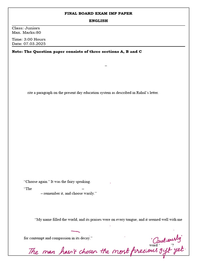 Imp Final Board Exam Model Paper 2025[Key] | PDF | Linguistics