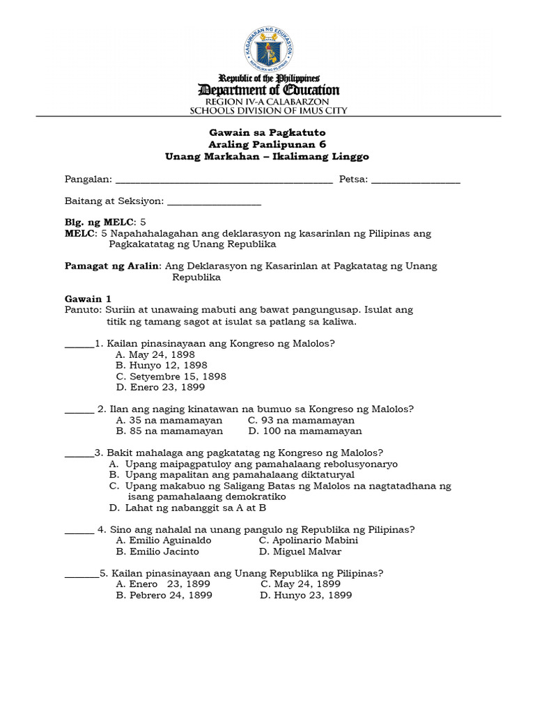 Gawain Sa Pagkatuto Araling Panlipunan 6 Unang Markahan - Ikalimang Linggo | PDF