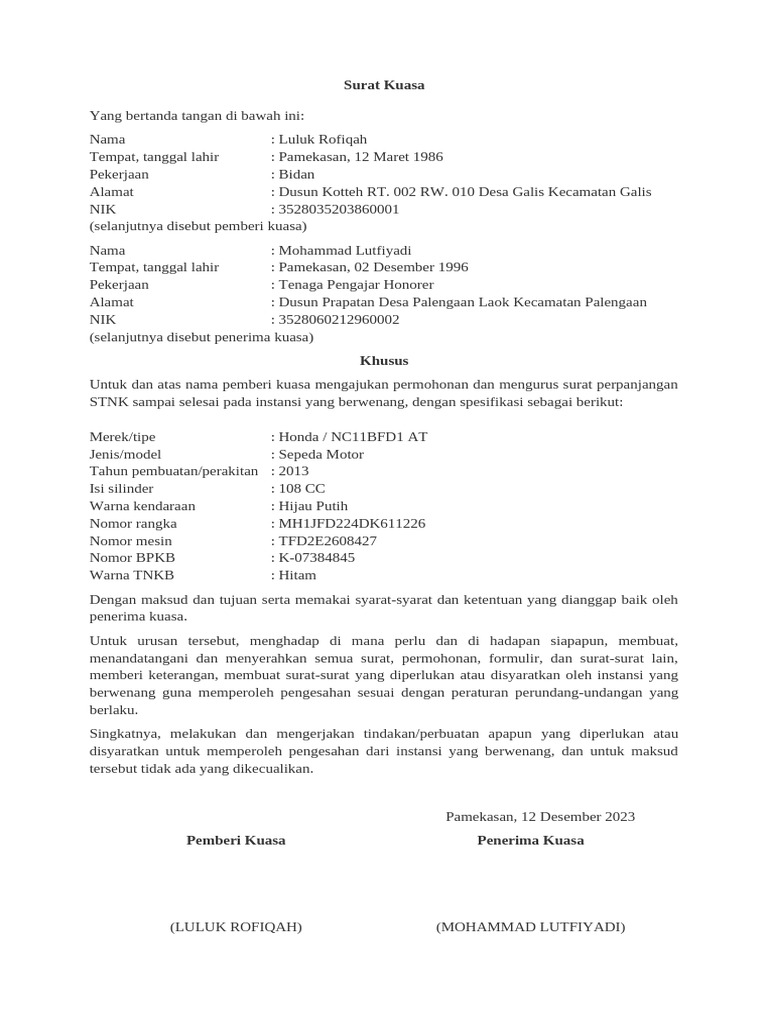 Surat Kuasa Perpanjang STNK | PDF