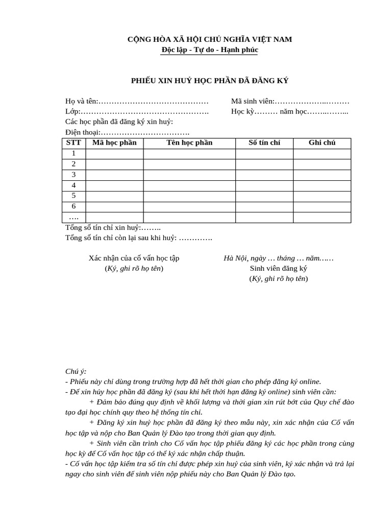 Mau Phieu Huy Hoc Phan Da Dang Ky | PDF