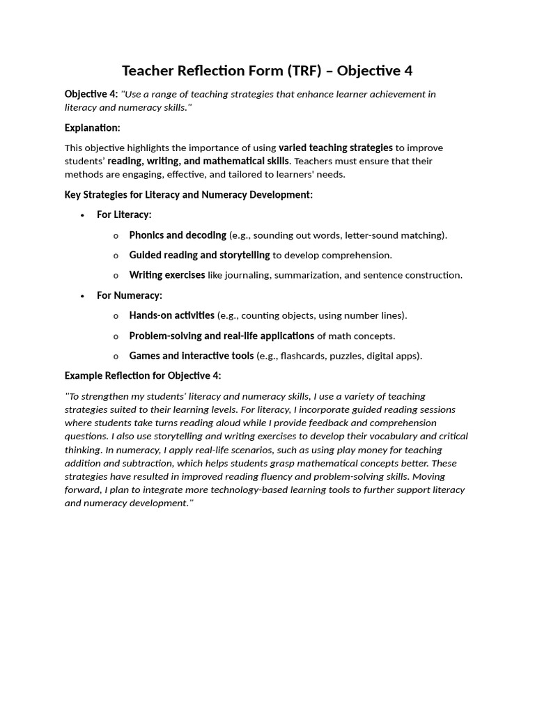 Teacher Reflection Form 4 | PDF