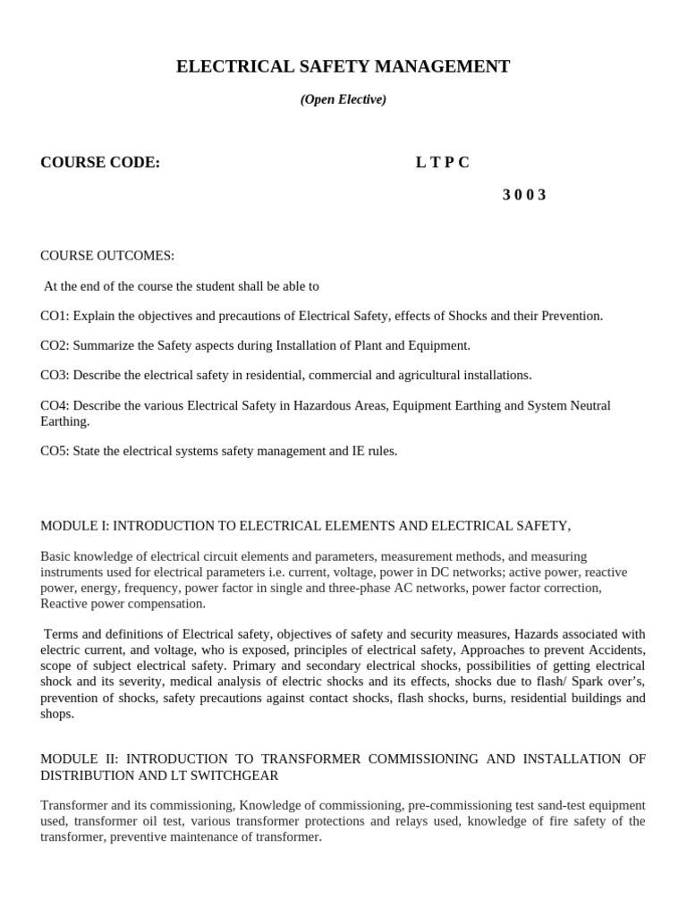 Syllabus Electrical Safety | PDF | Transformer | Electric Power ...