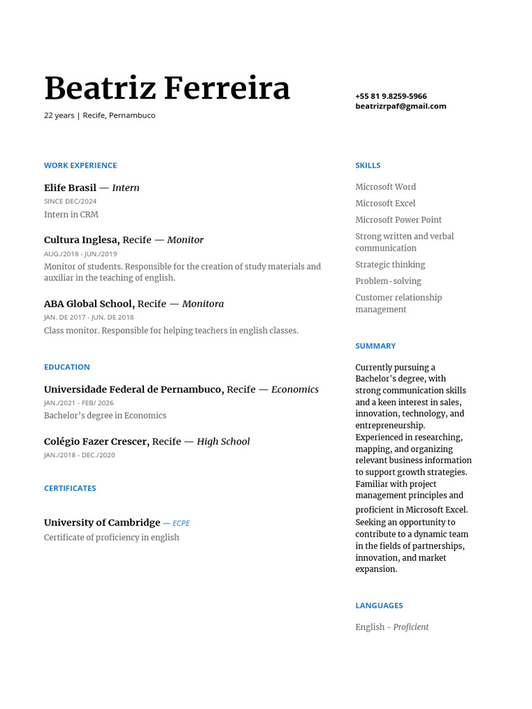 CV Beatriz Ferreira (English) | PDF | Cognition | Business